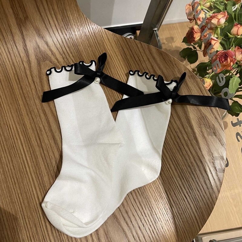 2PCS Ballet Socks with Bows Lace Top Sock Ruffle Ankle Socks Sweet ...