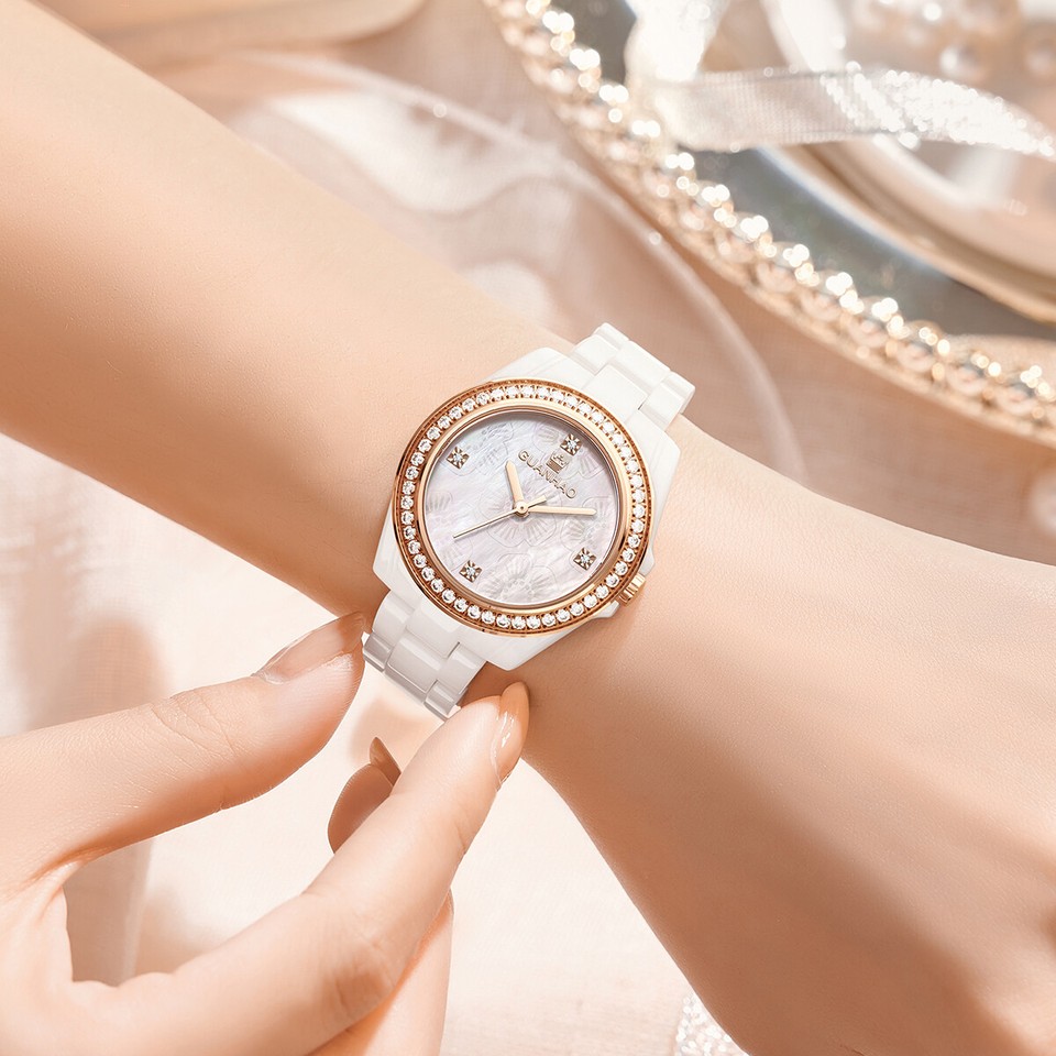 White Ceramic Women Watch With Diamond Waterproof Fashion Lady Luxury ...