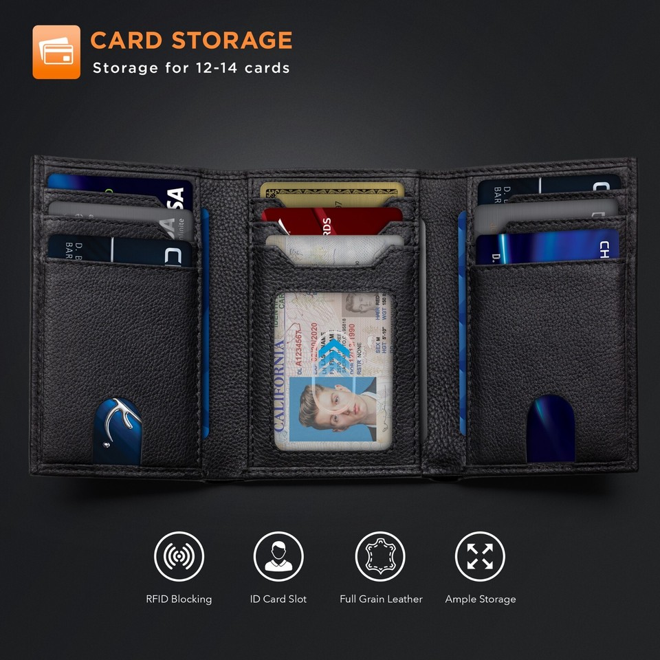 Real Leather Trifold Slim Wallets For Men Mens Wallet W/ ID Window RFID ...