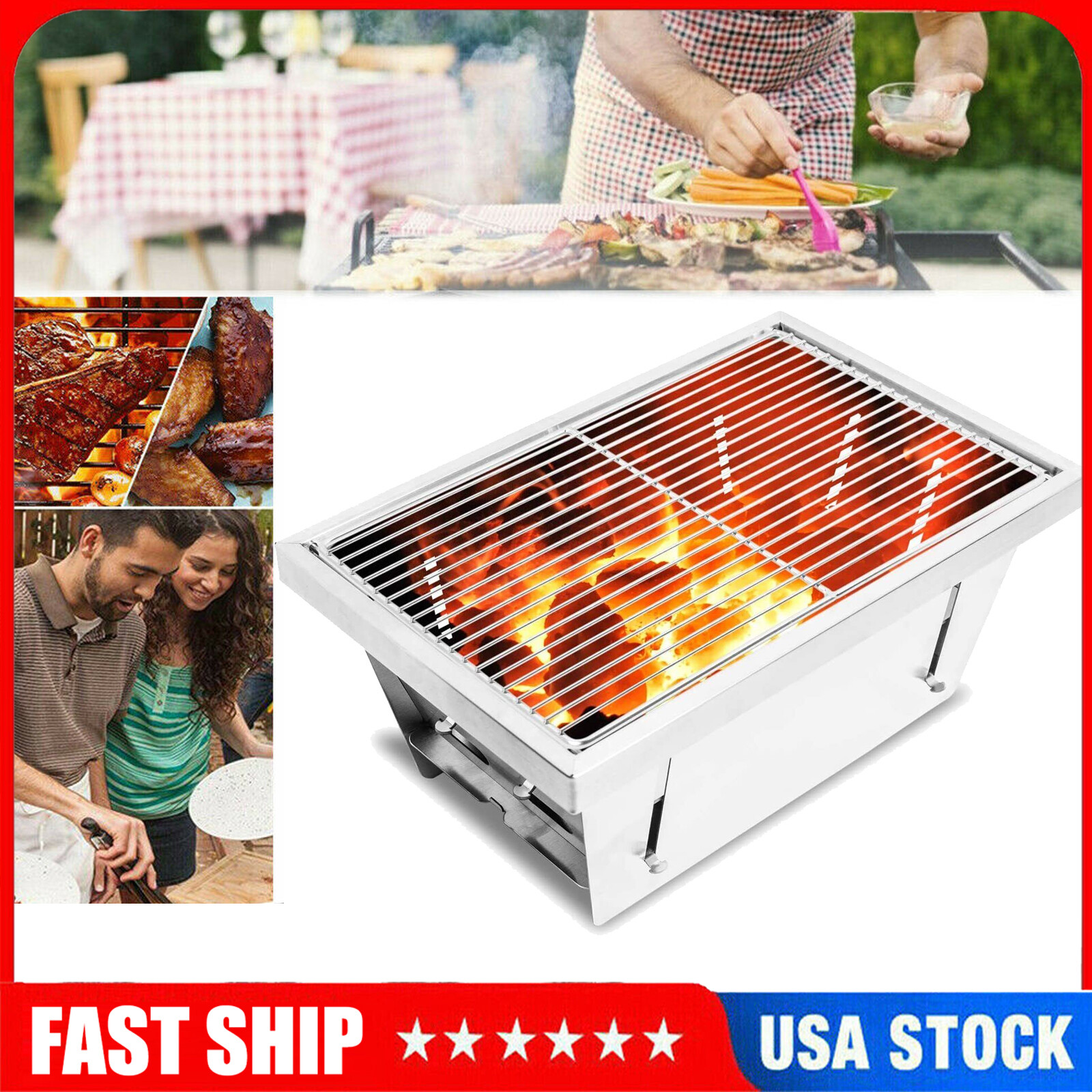 Foldable Compact Barbecue BBQ Grill Charcoal Stove Kabob Camping Picnic ...