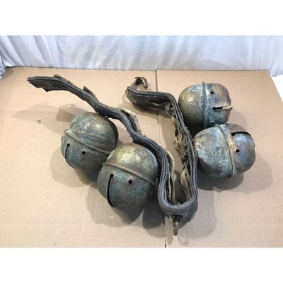 Antique large brass sleigh bells on leather strap, 4 bells, huge 4 ...