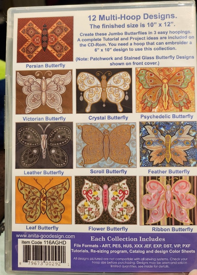 Anita Goodesign Big Butterflies Collection Embroidery CD 12 Multi Hoop ...