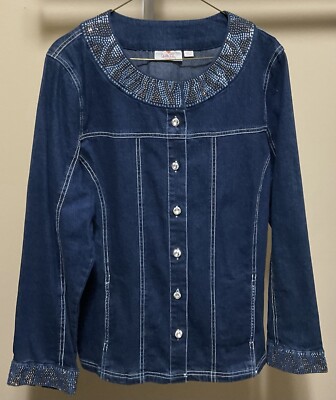 Quacker Factory Embellished Rhinestone Button Front LS Denim Jacket ...