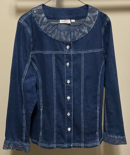 Quacker Factory Embellished Rhinestone Button Front LS Denim Jacket ...