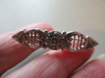 ANTIQUE VINTAGE PRETTY LYRE LIRE SILVER TONE MARCASITE BROOCH PIN ...