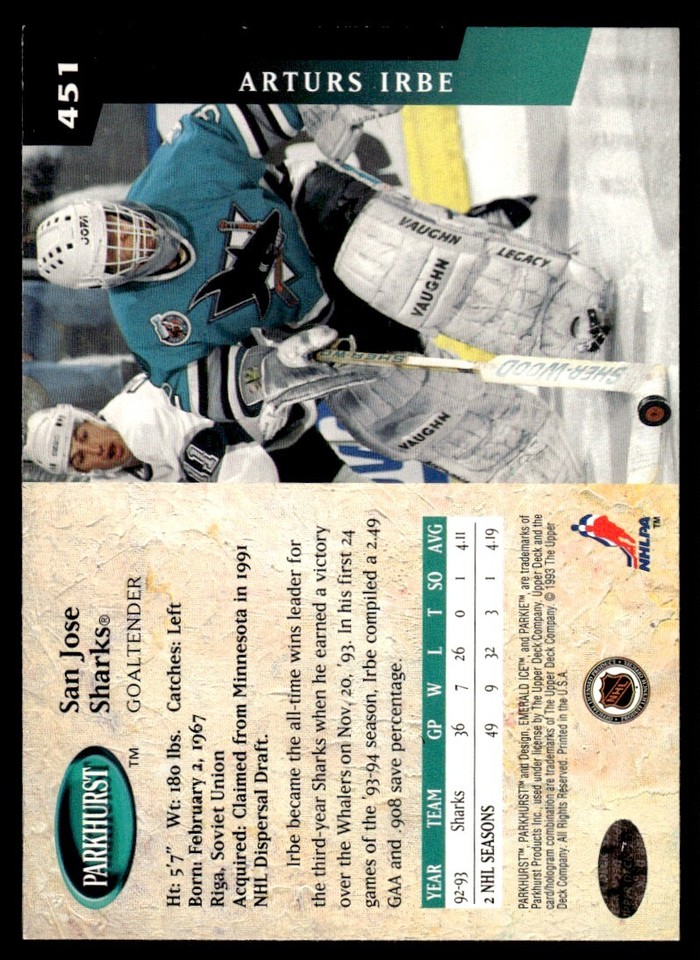 1993-94 Parkhurst Arturs Irbe San Jose Sharks #451 | eBay
