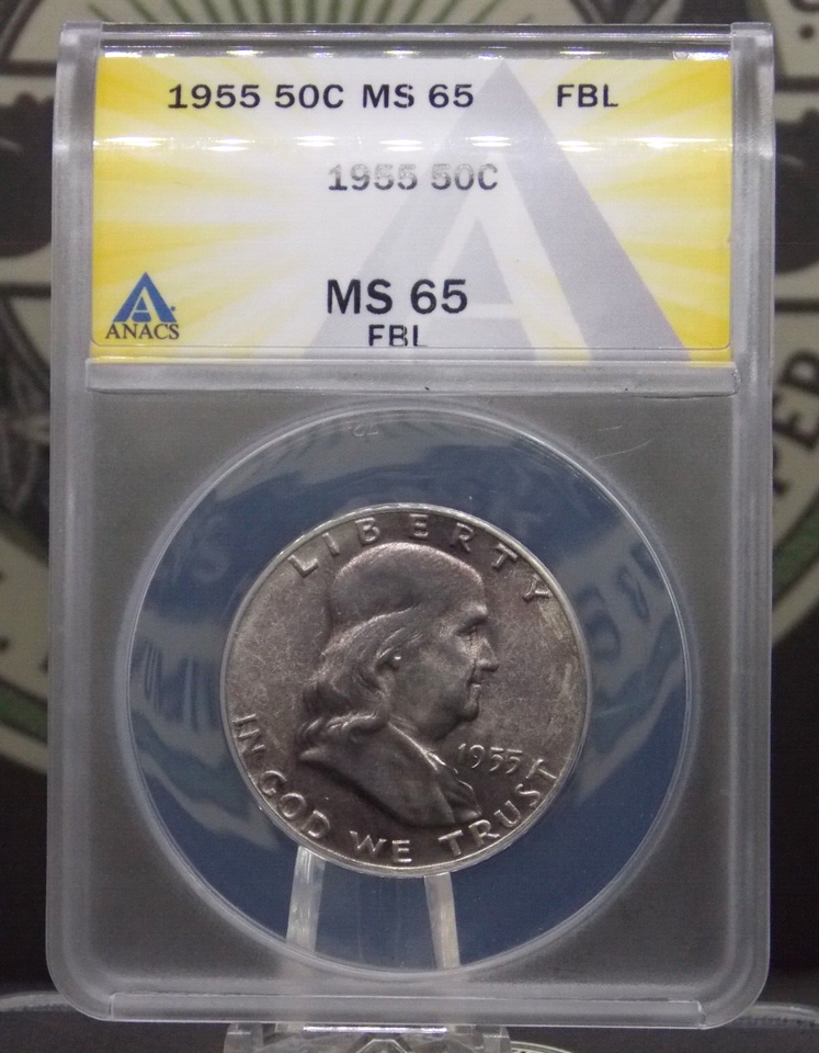 1955 "P" Franklin SILVER Half Dollar 50c ANACS MS65 FBL #783 Full Bell ...
