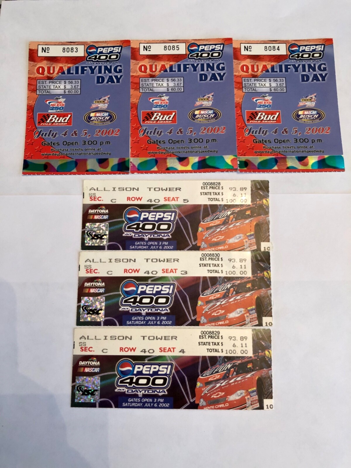 2002 Pepsi 400 and Qualifying Day Daytona Ticket Stubs. Michael Waltrip ...