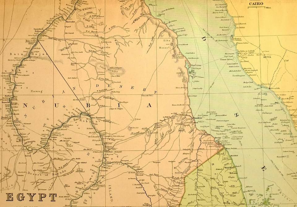 1899 MAP EGYPT CAIRO NILE DELTA SUEZ CANAL NUBIA ABYSSINIA ARABIA ...