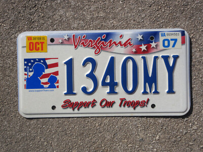 2007 Virginia Support Out Troops License Plate 1340MY Military VA Troop ...
