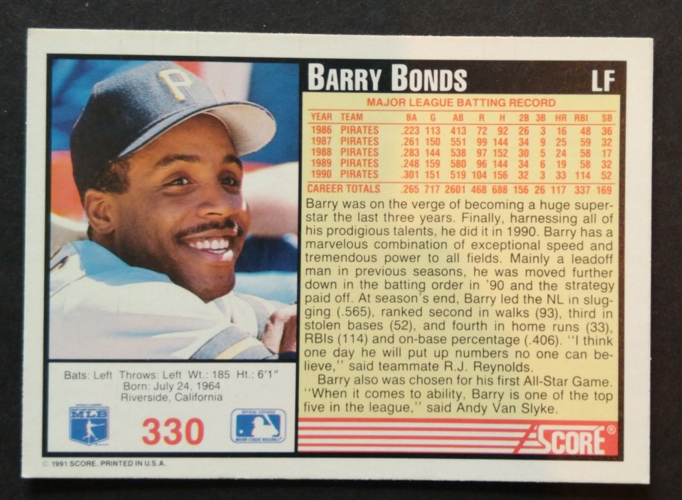 1991 Score Barry Bonds #330, Pirates | eBay