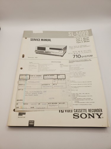 Original SONY SL-5000 SL5000 RM-59W 710 System BETA VCR Service Manual ...