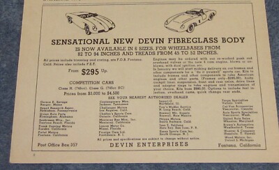 1957 Devin Fiberglass Bodies Vintage 1/2pg Ad "Sensational New...." | eBay