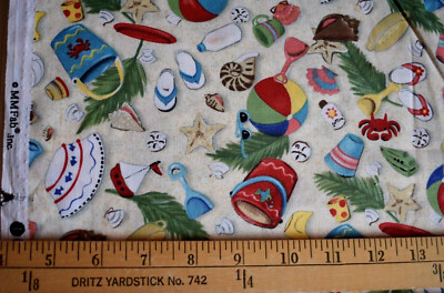 BEACH SCENE PRINT ON SAND BOAT PAIL BALL SHELLS 100% COTTON FABRIC ...