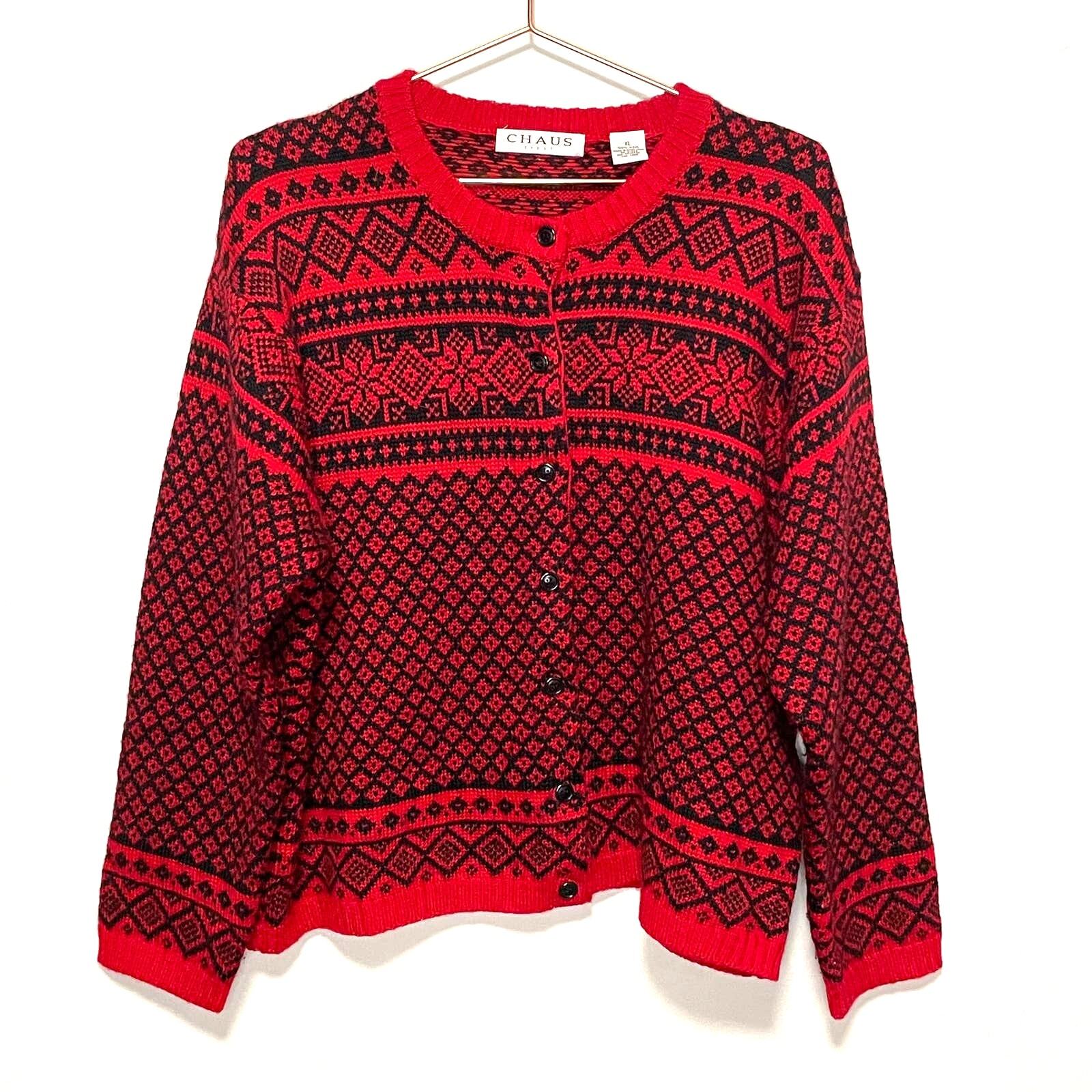 Chaus Sport Red Black Diamond Design Button Up 100% Wool Cardigan Extra ...