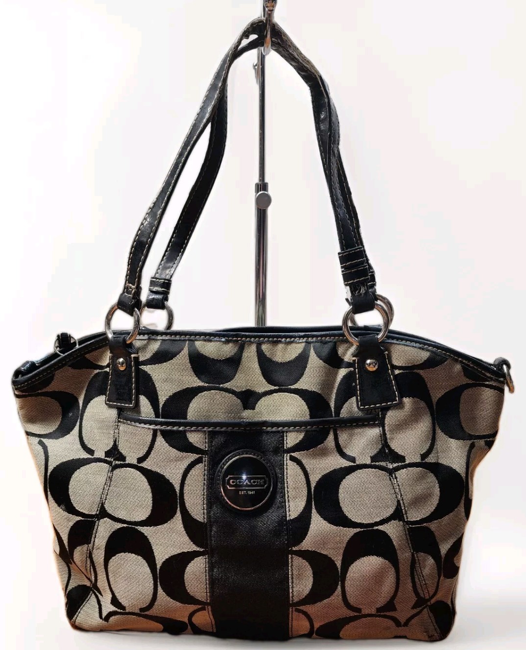 COACH Signature Stripe Logo Canvas Patent Satchel Bla… - Gem