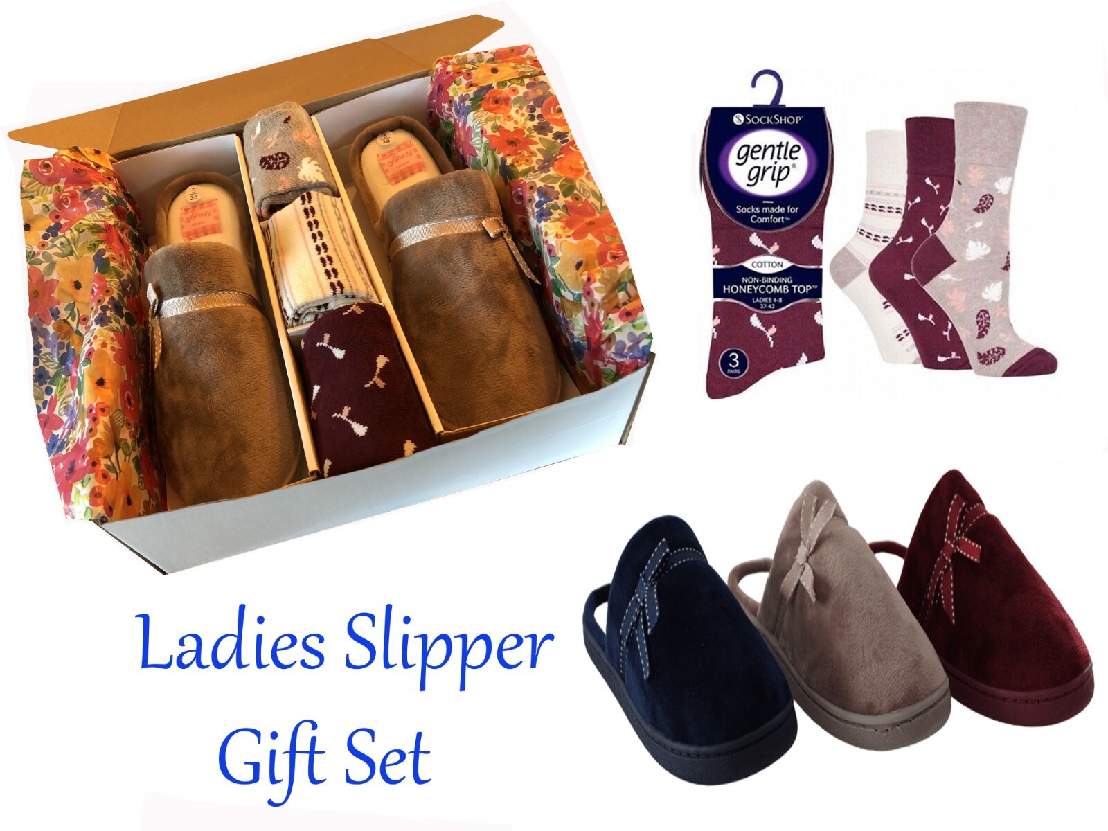 Slipper Gift Set, Ladies Mule & 3 Pairs Socks, Birthday Christmas ...