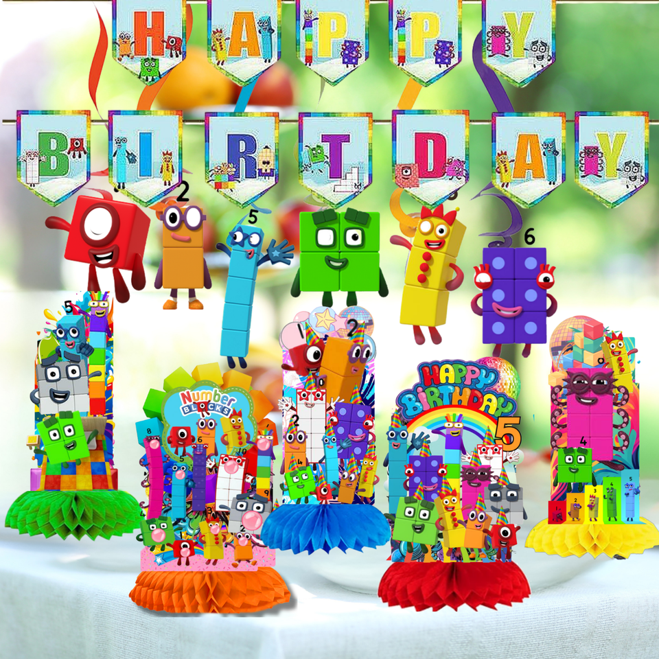 NUMBER BLOCKS Decoration Balloon party banner table cover plate cups ...