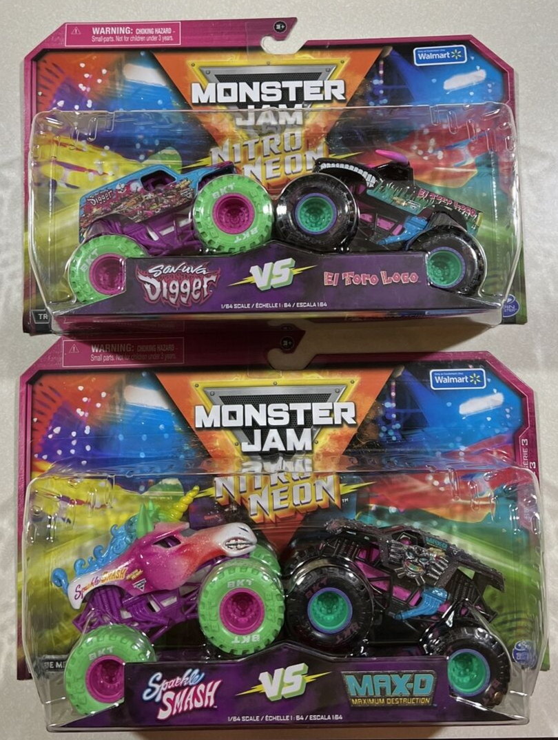 NEW 2023 Monster Jam Nitro Neon 2 Packs Sparkle Smash & Son Uva Digger ...