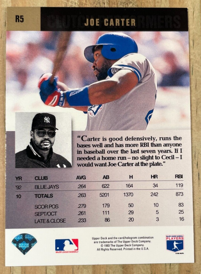 1993 UPPER DECK JOE CARTER REGGIE JACKSON CLUTCH PERFORMERS CARD#R5 ...