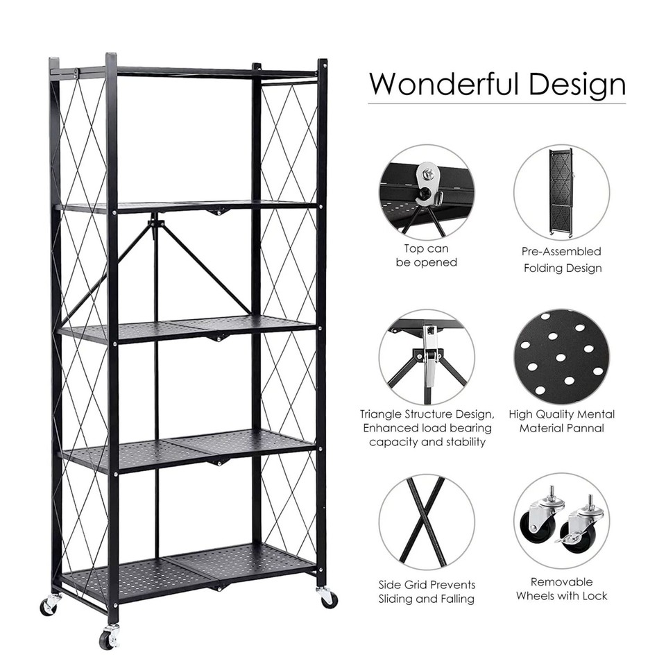 4/5Tier Heavy Duty Foldable Metal Rack Storage Shelving Unit w Wheel | eBay