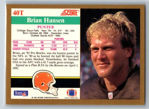 1991 Score Rookie & Traded Brian Hansen Cleveland Browns #40T | eBay