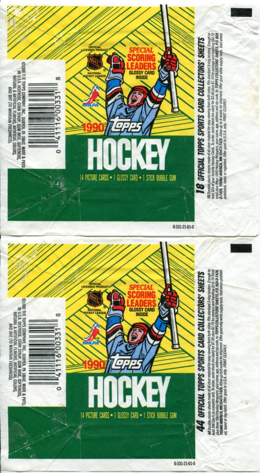 1990 TOPPS HOCKEY CARD WRAPPER - Set of Two Different Ad's - No Rips or ...