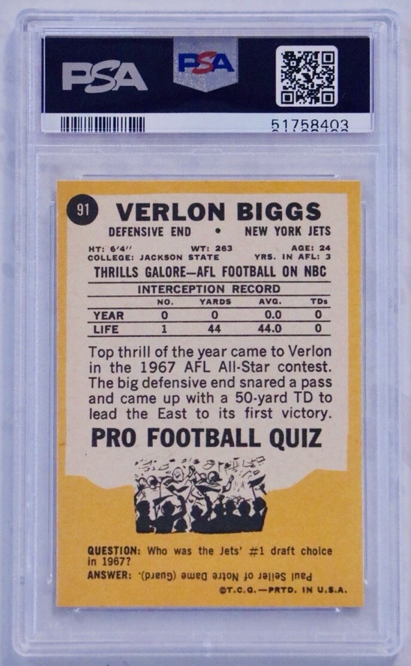 1967 Topps Verlon Biggs #91 PSA 8 NM-MT New York Jets | eBay