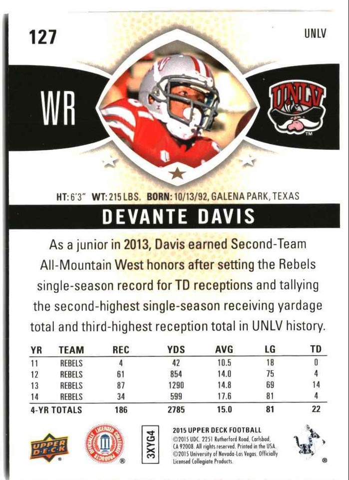 2015 Upper Deck Devante Davis RC UNLV Rebels #127 | eBay