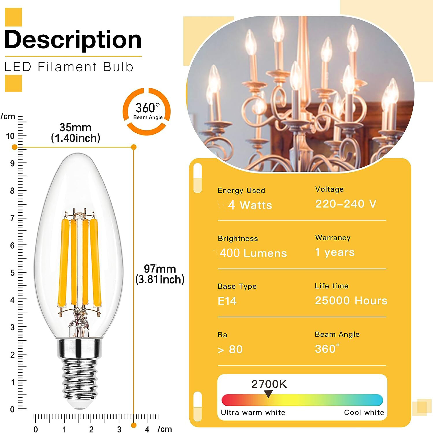 E14 LED 4W Dimmable Candle Light Bulb Warm White Replace Halogen ...