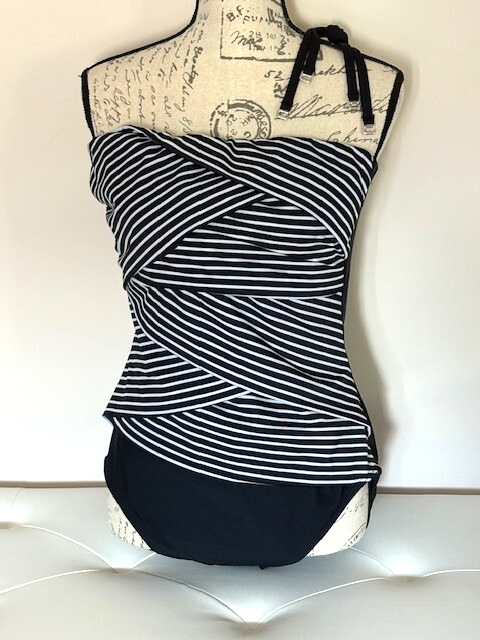 Miraclesuit Swimsuit Black White Stripes Slimming Bra One Piece Size 14 ...