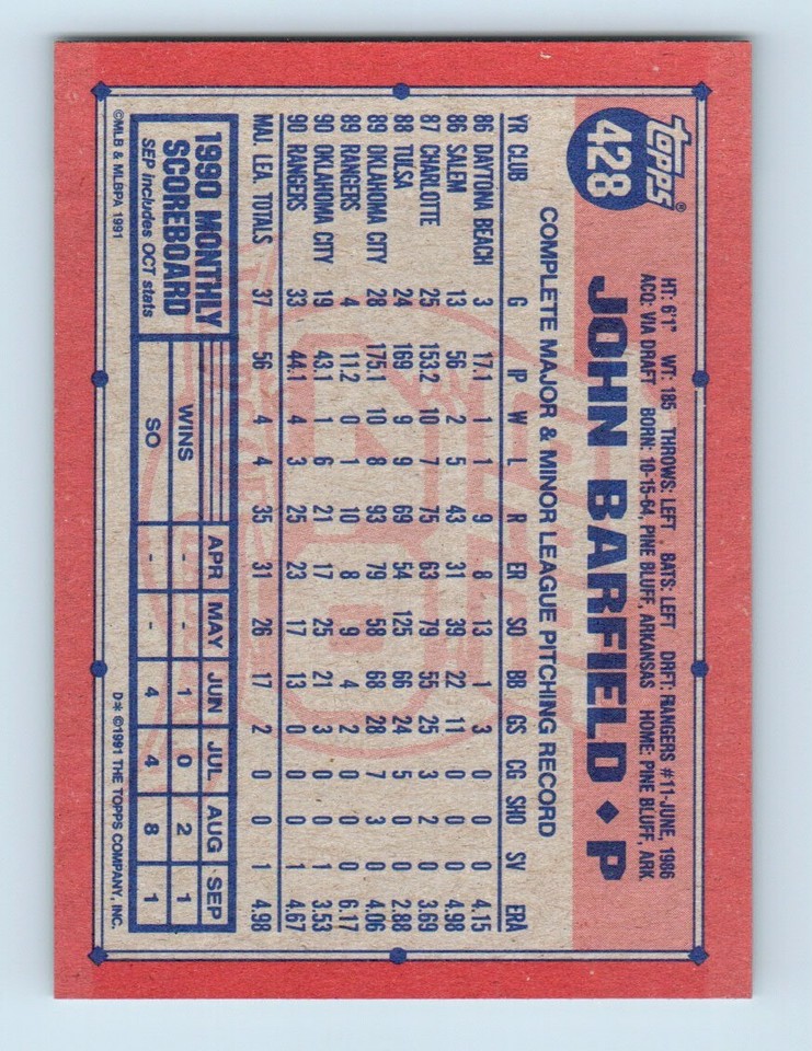 1991 Topps John Barfield Rookie Texas Rangers #428 | eBay