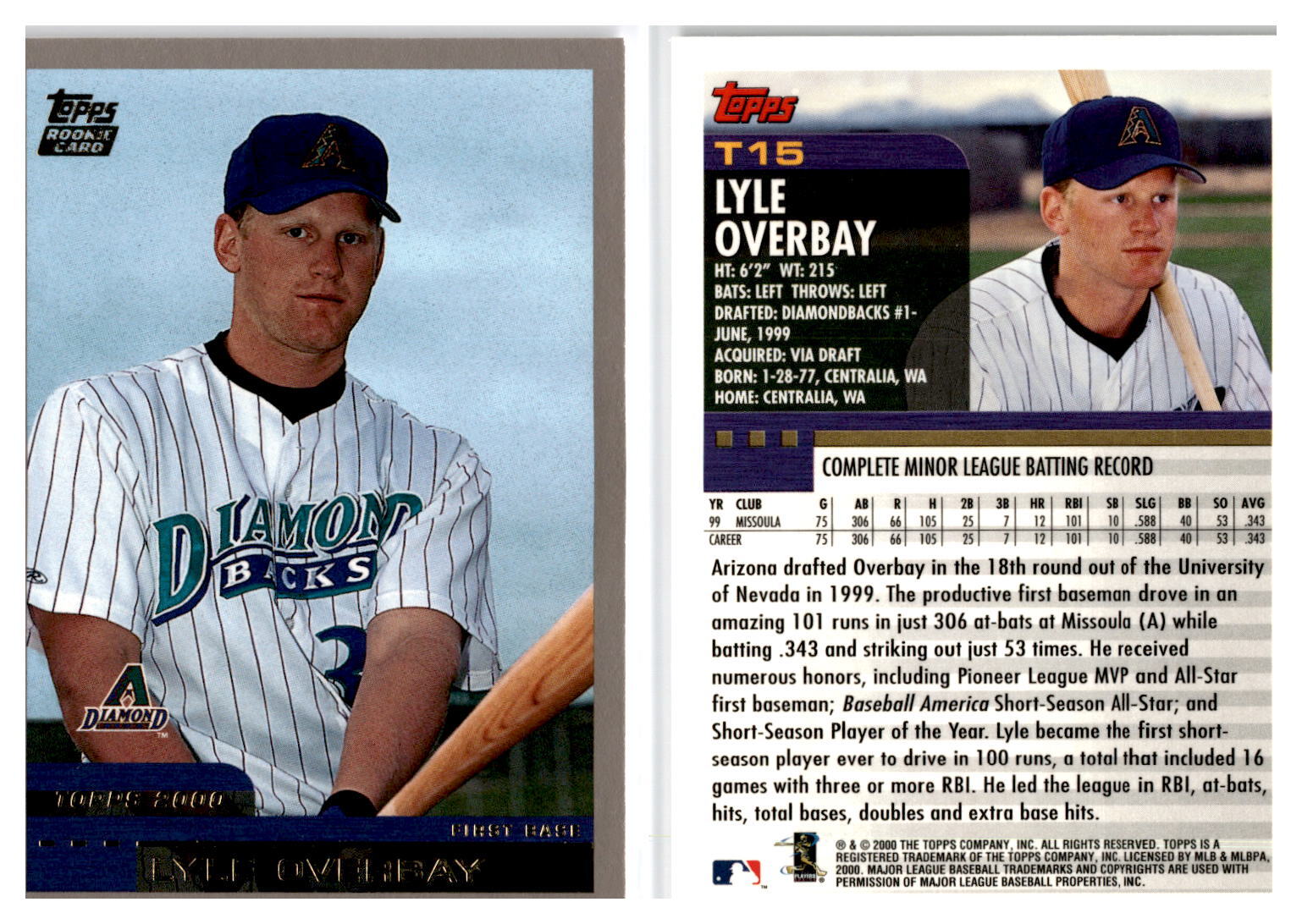 2000 Topps Traded & Rookies #T15 Lyle Overbay RC - Arizona Diamondbacks ...