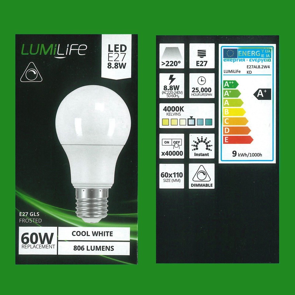 8x 8.8W Dimmable LED GLS A60 4000k Cool White, ES E27 Light Bulbs Lamp ...