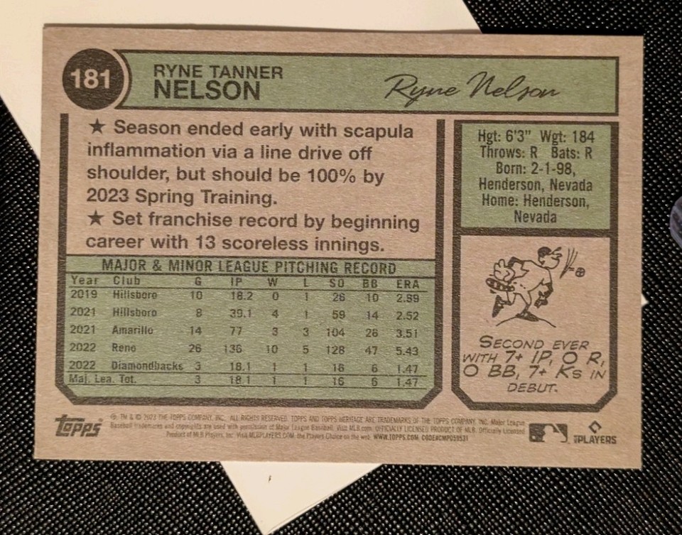 Ryne Nelson Rookie 2023 Topps Heritage Arizona Diamondbacks (RC) Card ...