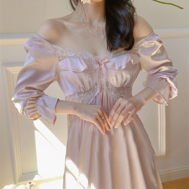 Women Satin Midi Nightdress Sleepwear Faux Silk Pajamas Princess with ...