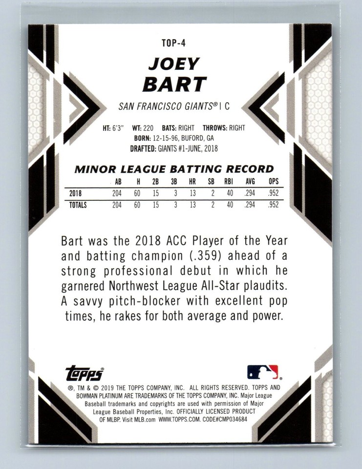 2019 Bowman Platinum #TOP-4 Joey Bart ICE PARALLEL RC Giants Top ...