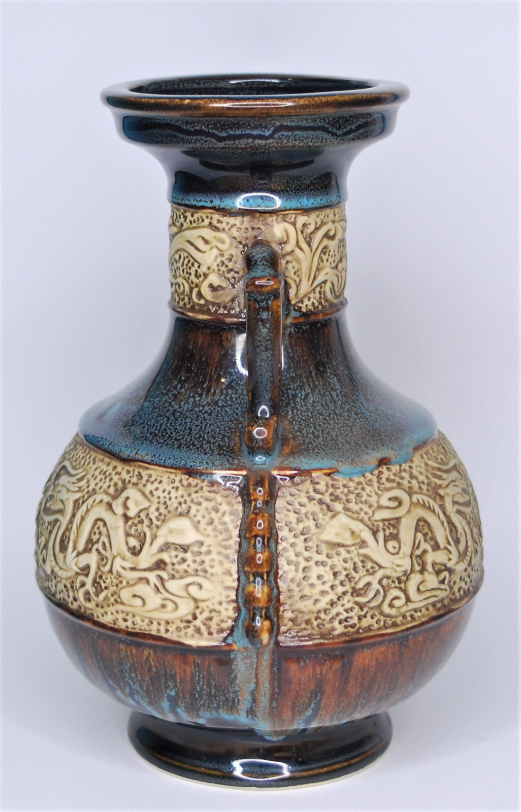 VINTAGE CHINESE CARVED RELIEF CLAWED DRAGON DRIP GLAZE POTTERY VASE URN ...