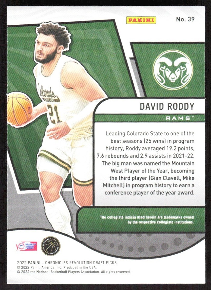 2022-23 6956B Panini CHRONICLES REVOLUTION DRAFT PICKS DAVID RODDY ...