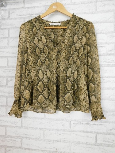 Zara womens top blouse brown python print v-neck S | eBay