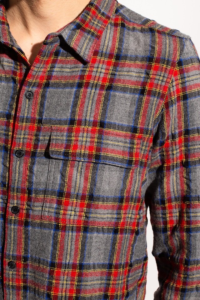 New Saint Laurent YSL Gray Red Check Print Western Crop Flannel Shirt ...