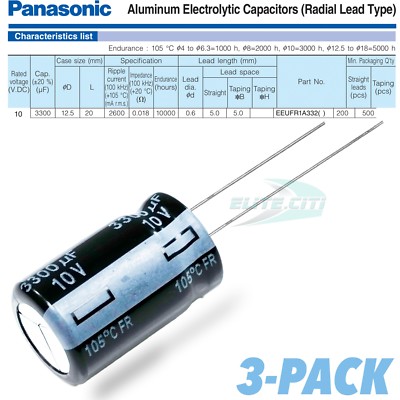 3PK* Panasonic FR Series 10V 3300uF - Electrolytic Radial Capacitors 12 ...