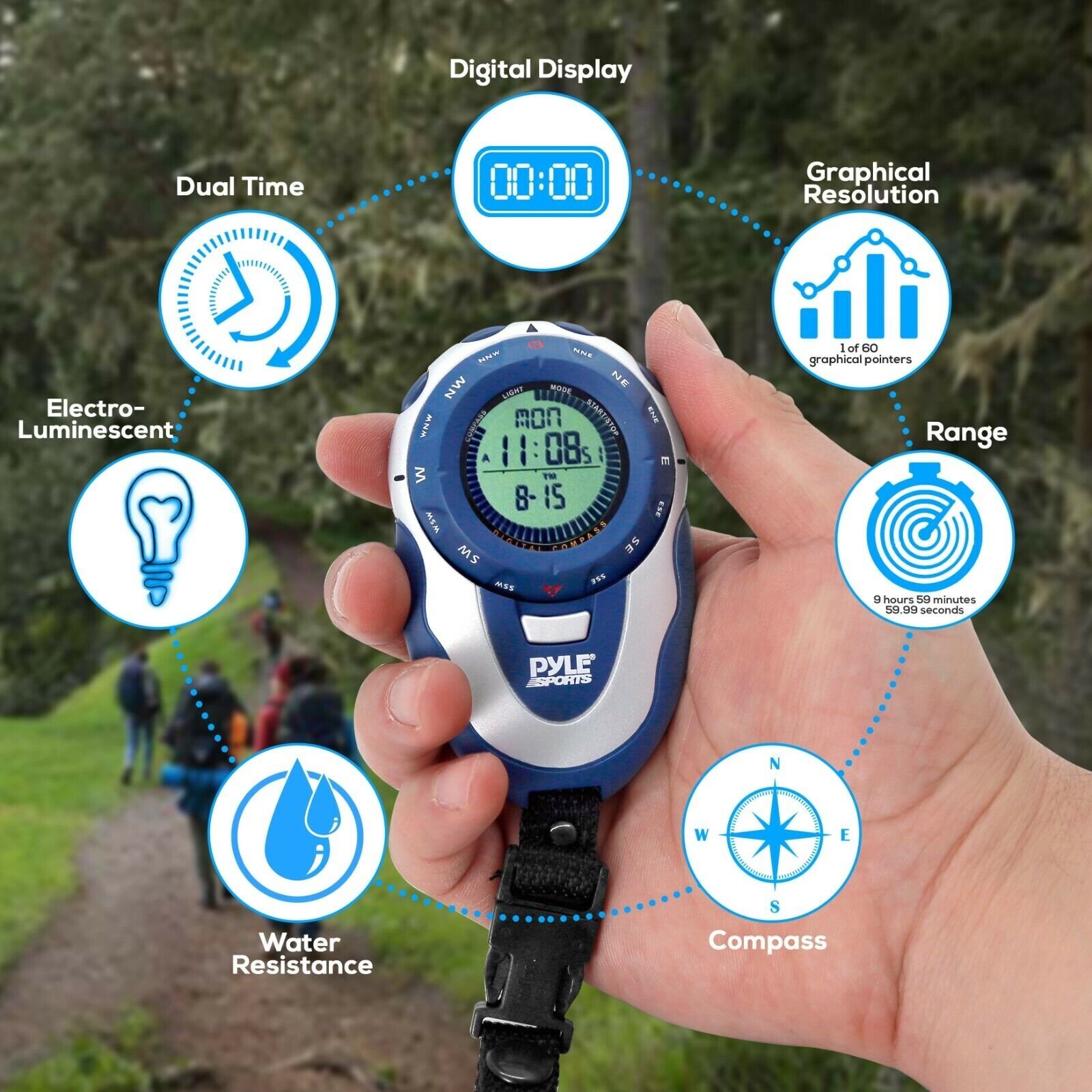 Pyle Sport PSHTM24 New Handheld Track Watch With Compass Chronograph ...