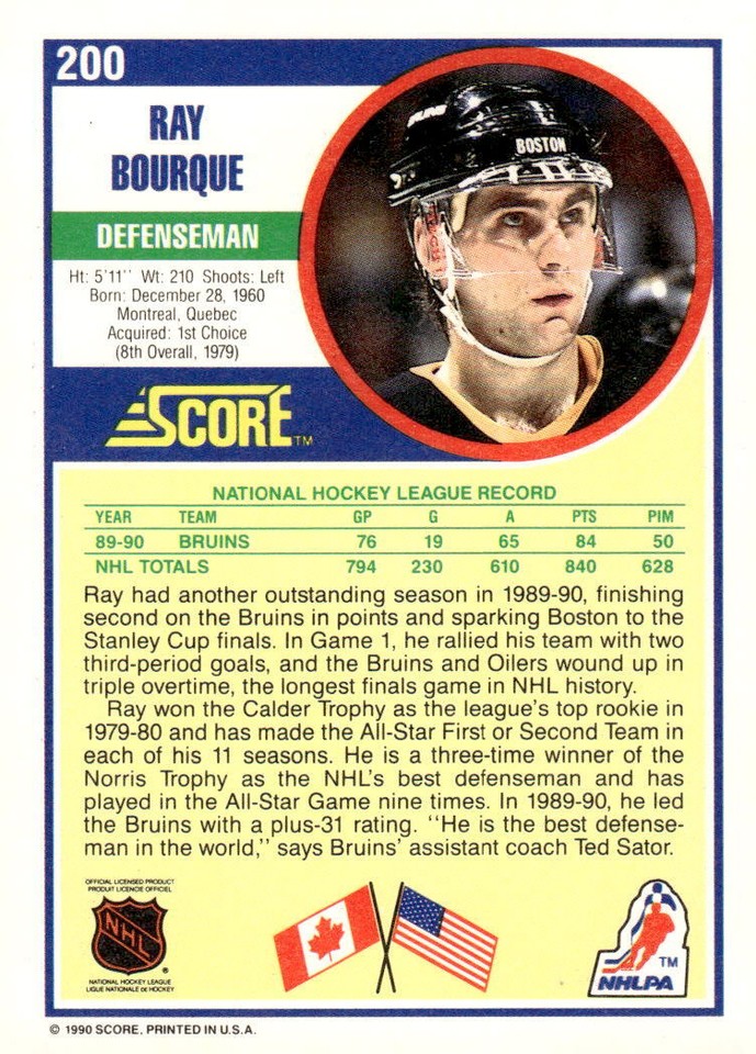 1990-91 Score American #200 Ray Bourque | eBay