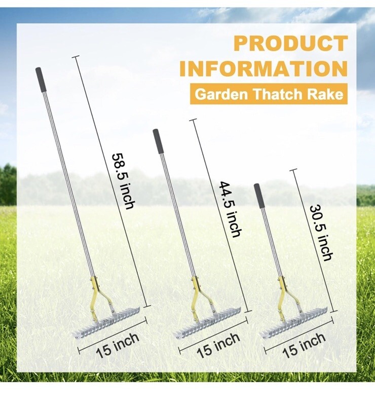 Thatch Rake, 15-Inch Wide Lawn Thatching Rake for Cleaning Dead Grass ...