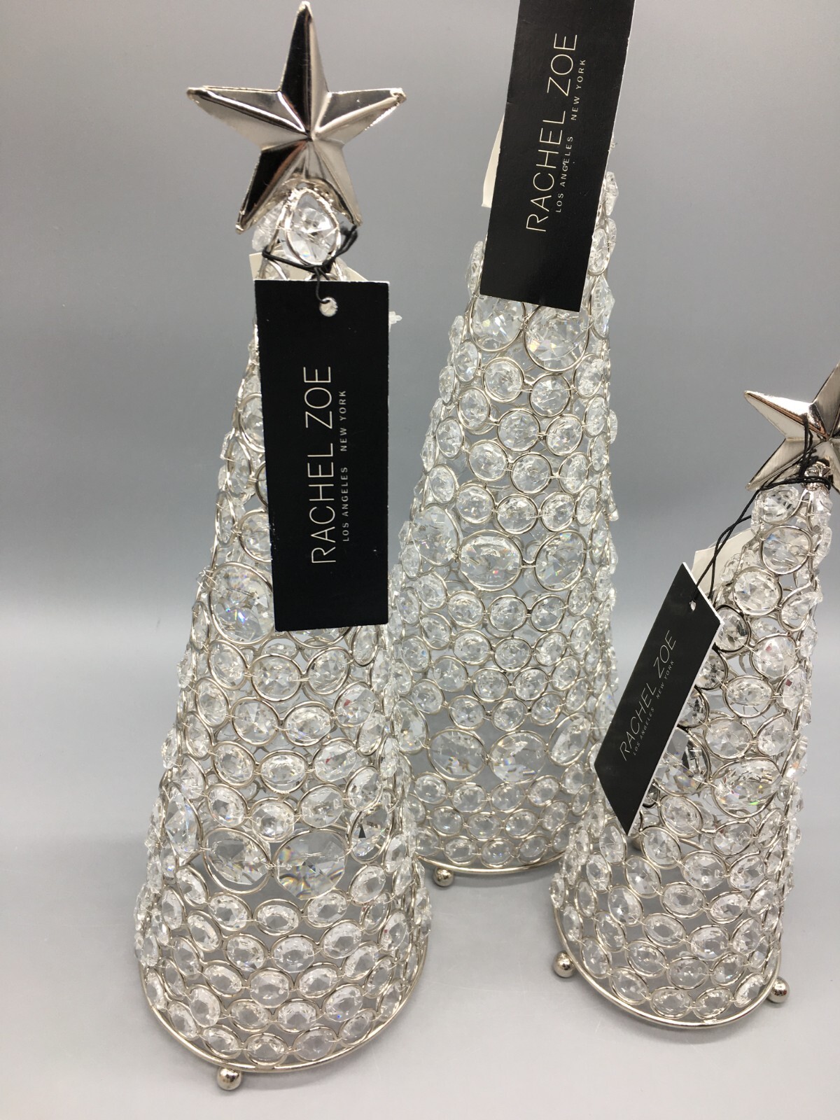 3pc Rachel Zoe Faux Crystal Silver Metal Christmas Trees Designer ...