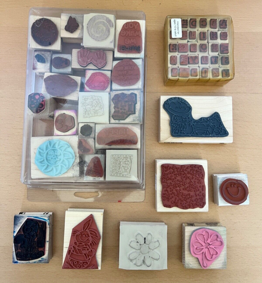 Mixed Lot Various Wood Mounted Stamps Art Crafts Wooden Blocks Ink ...