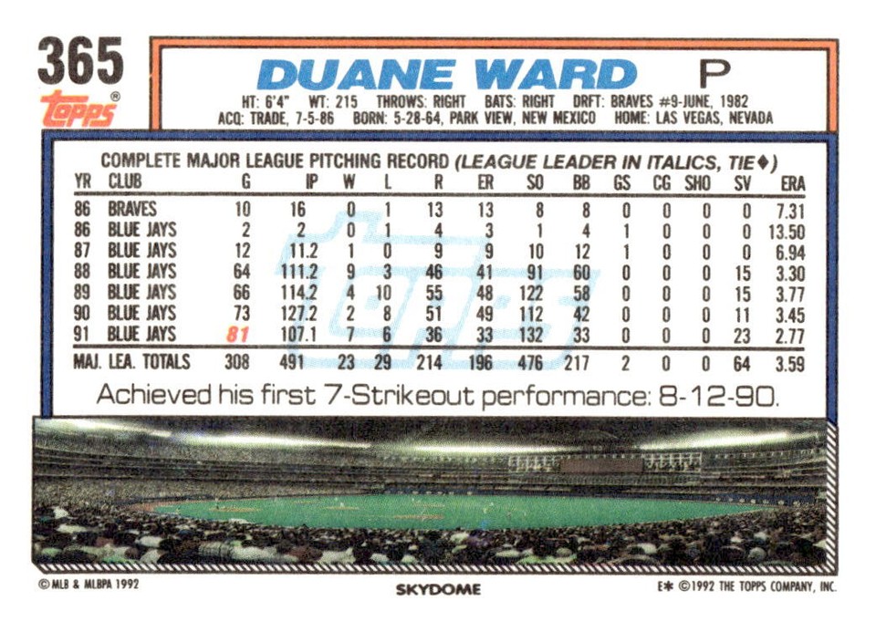 1992 Topps #365 Duane Ward - Toronto Blue Jays | eBay
