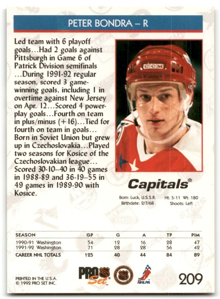 1992-93 Pro Set Hockey Card Peter Bondra #209 Washington Capitals | eBay