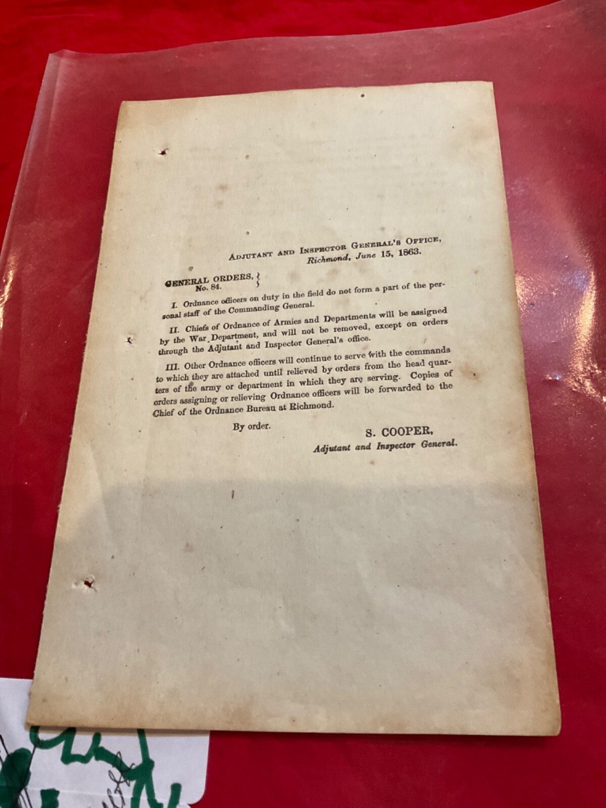 CONFEDERATE GENERAL ORDER 84 RICHMOND S COOPER ADJUTANT GENERAL ...